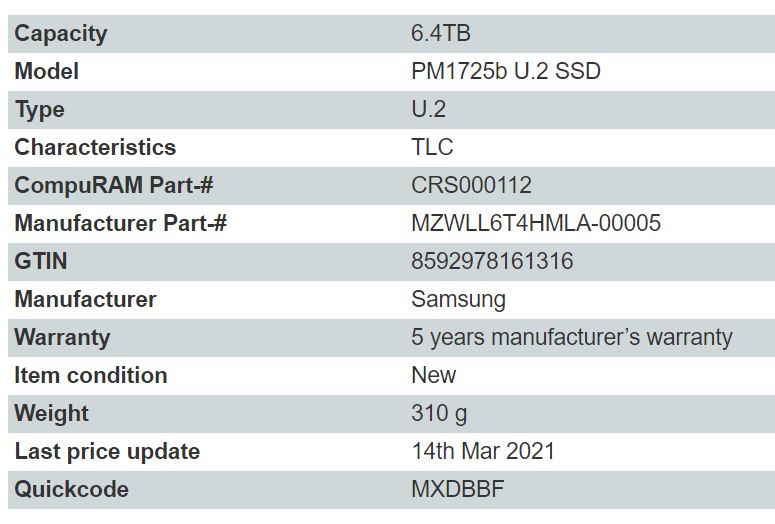 NVMe SAMSUNG PM1725b 6.4TB PCIe SSD, MZWLL6T4HMLA-00005